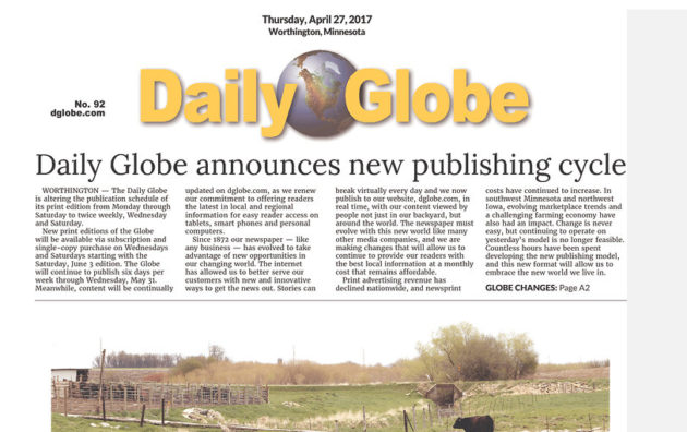 Worthington Daily Globe gives up on daily newspaper | NewsCut ...